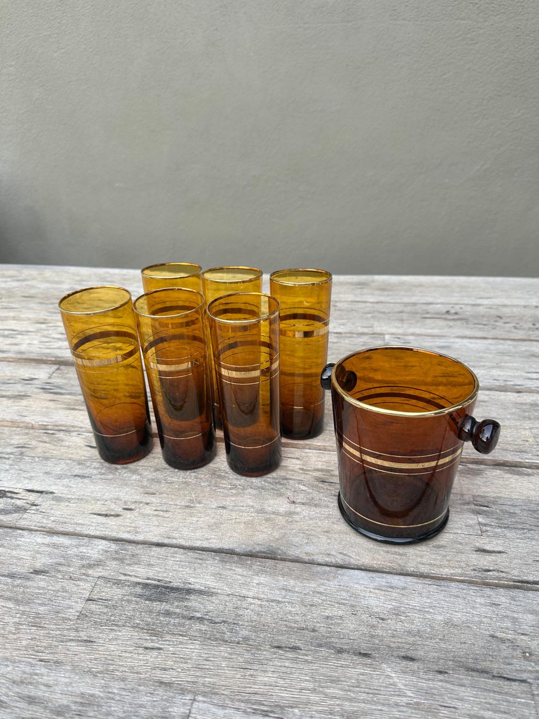 Vintage Amber Glass Highball Set: Gold Accent Tumblers & Ice Bucket - Etsy