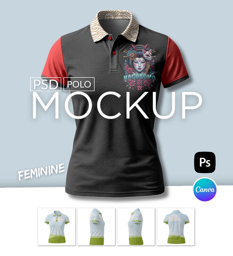Womens Polo Shirt Mockup, 4-View 360, PSD + AOP Canva Template Female ...