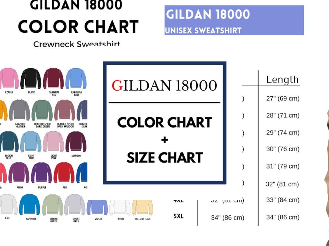 Gildan 18000 Color Chart + Size Chart Bundle, Unisex G180 Crewneck ...