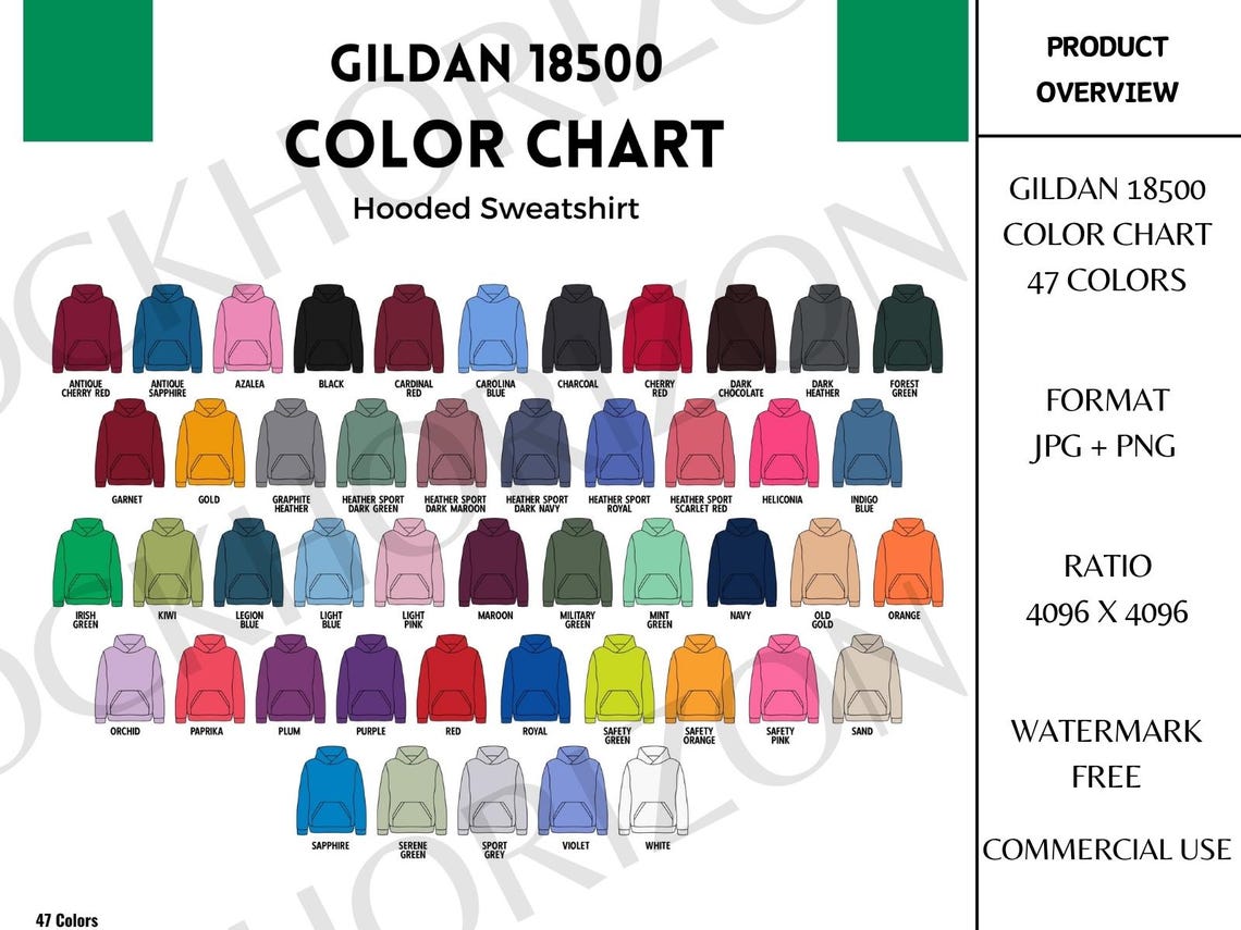 Gildan 18500 Color Chart Size Chart Bundle, Unisex G185 Hoodie Mockup ...