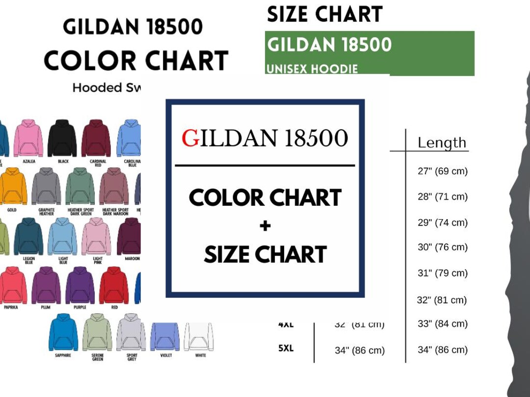 Gildan 18500 Color Chart + Size Chart Bundle, Unisex G185 Hoodie Mockup ...