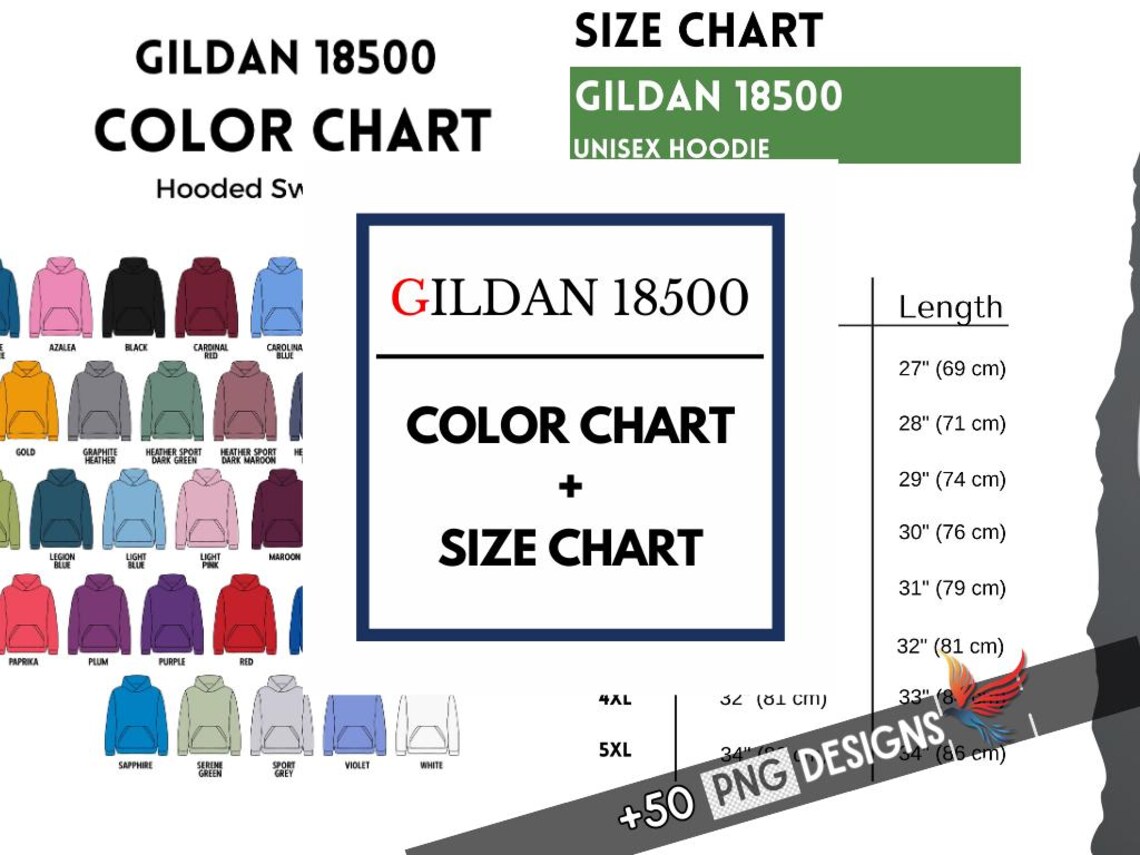 Gildan 18500 Color Chart Size Chart Bundle, Unisex G185 Hoodie Mockup ...
