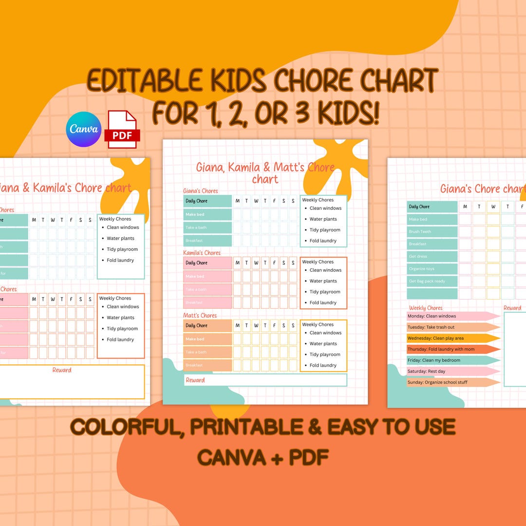 Editable Chore Chart for Multiple Kids, Responsibility Chart for Kids 6 ...