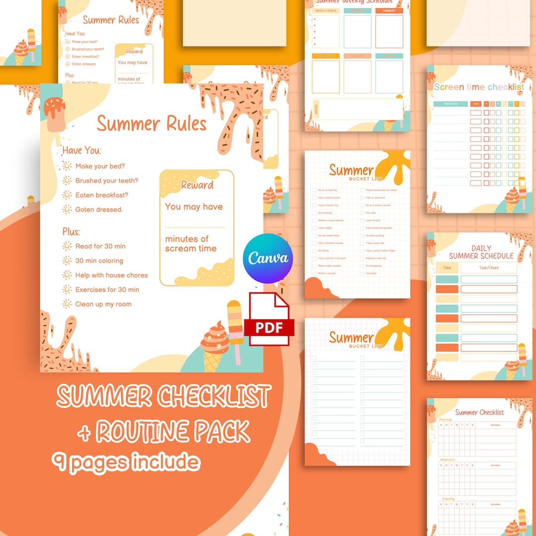 Editable Summer Routine Checklist, Summer Bucket List Printable, Screen ...