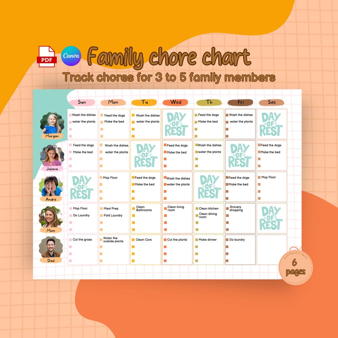 Family Chore Chart Printable and Editable, Chore Chart for Multiple ...