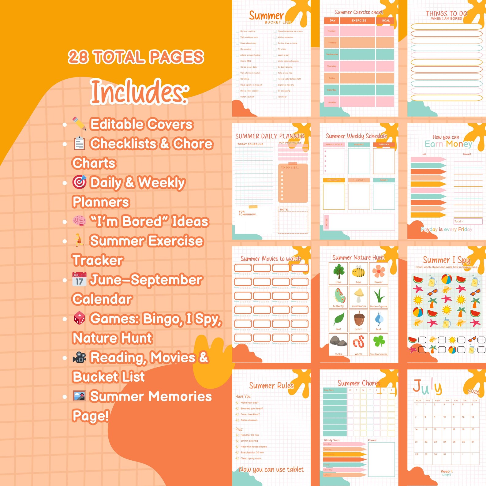 Editable Summer Planner for Kids, Summer Activity Planner, Summer ...