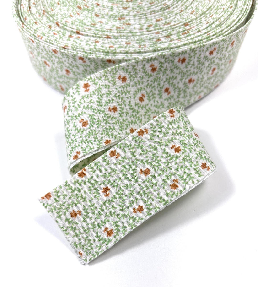Quilt Binding Green White Floral Bias 1.25" Wide Cotton Single Center ...