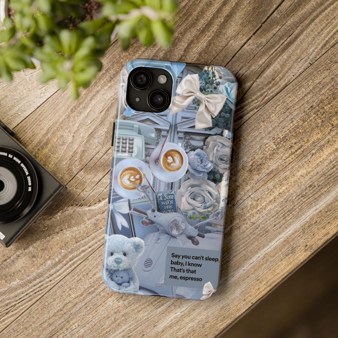 Baby Blue Espresso Collage Maximalist Tough Phone Cases, Coquette Blue ...