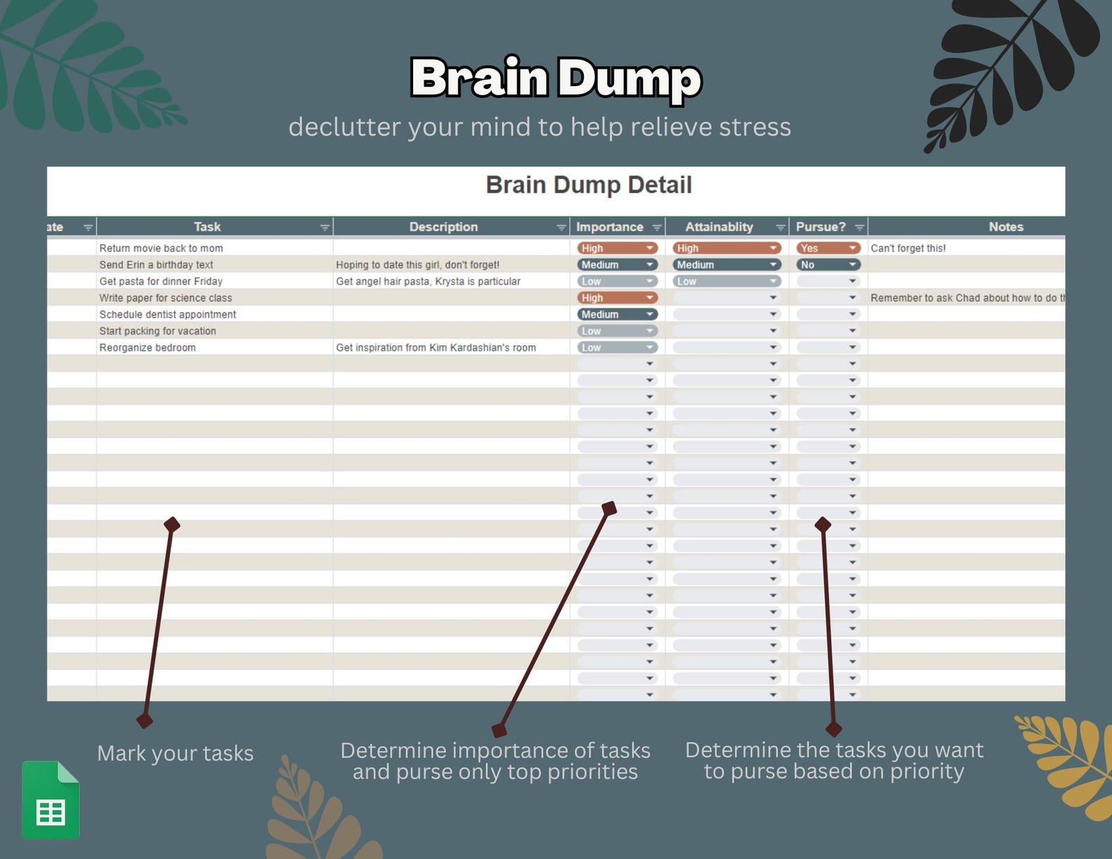 Brain Dump Google Sheet Brain Dump Template Adhd Google Sheet Temp ...