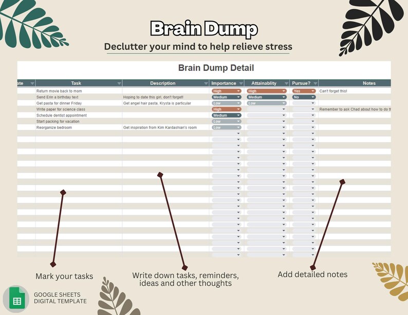 Brain Dump Google Sheet Template, ADHD Planner (digital Download) - Etsy