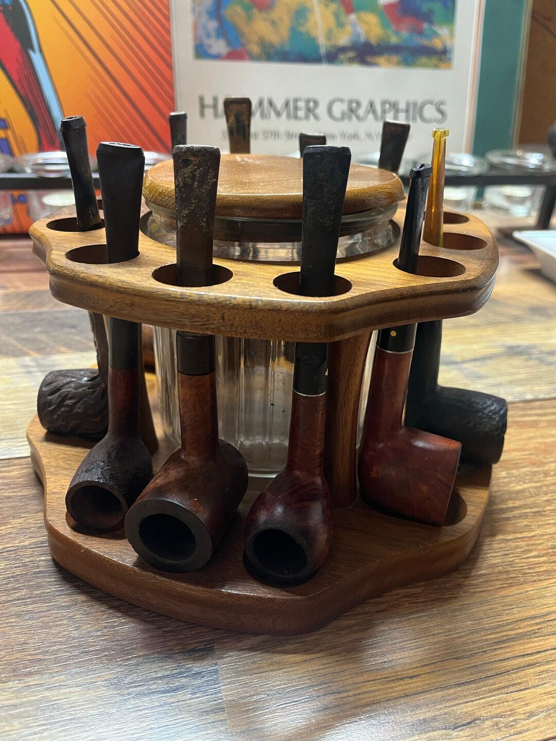 Vintage MCM Deco Genuine Walnut Pipe Stand, Glass Tobaccojar and 10 ...