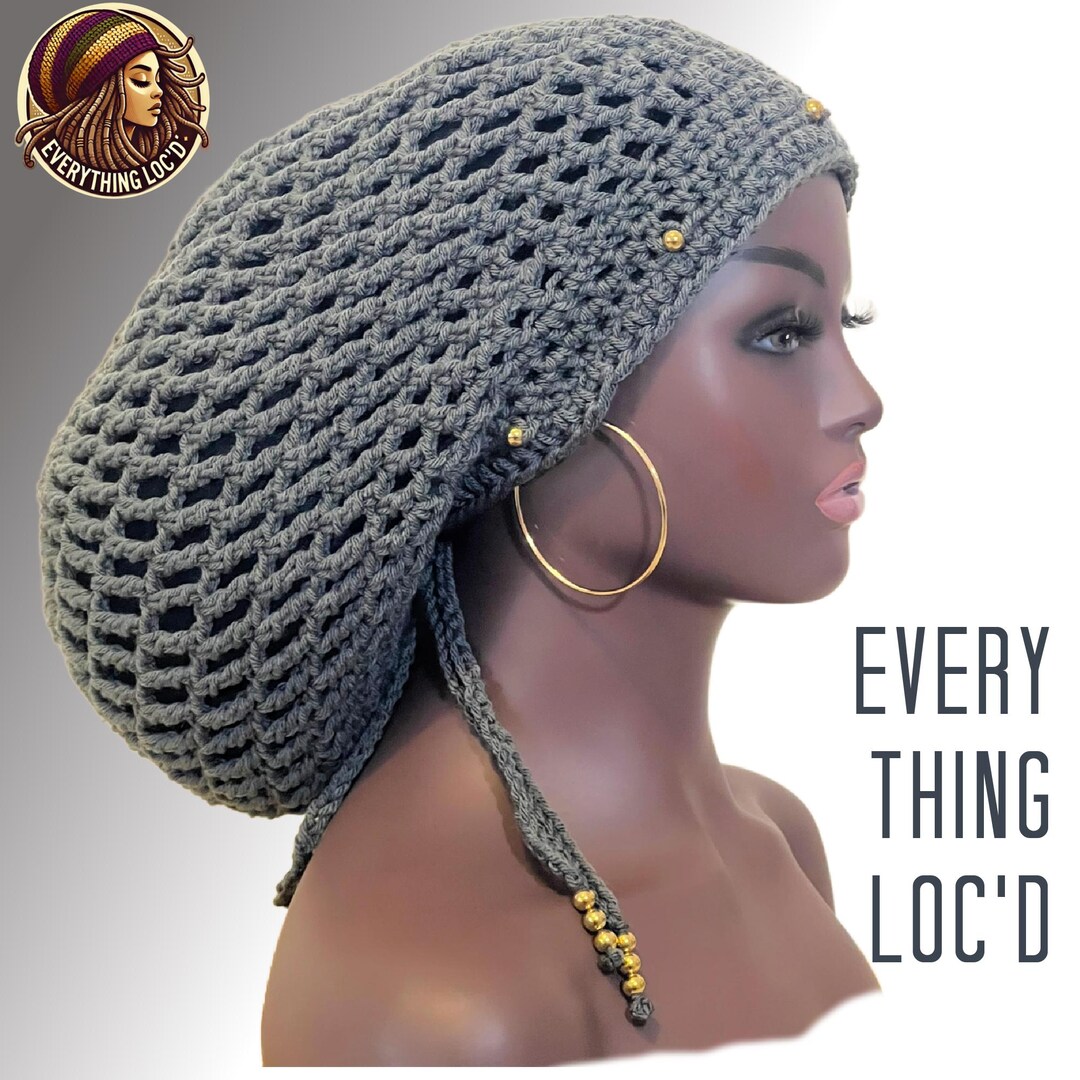 Crochet Dreadlock Tam Hat With Drawstring, Grey Slouchy Crocheted Rasta ...