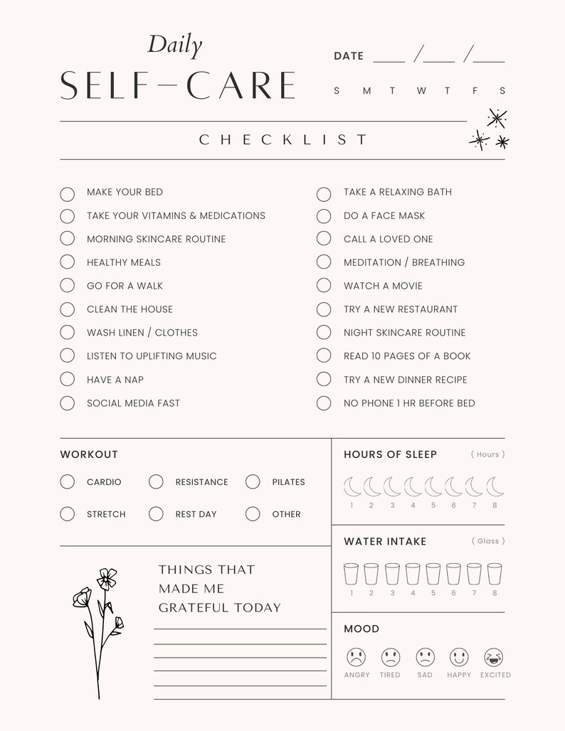 Daily Self Care Tracker Printable, Daily Self Care Checklist, Routine ...