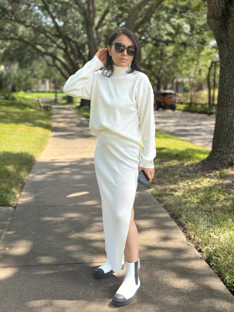 Split Knitted Suit Loose Sweater Maxi Skirt 2 Piece Set Women Elegant ...