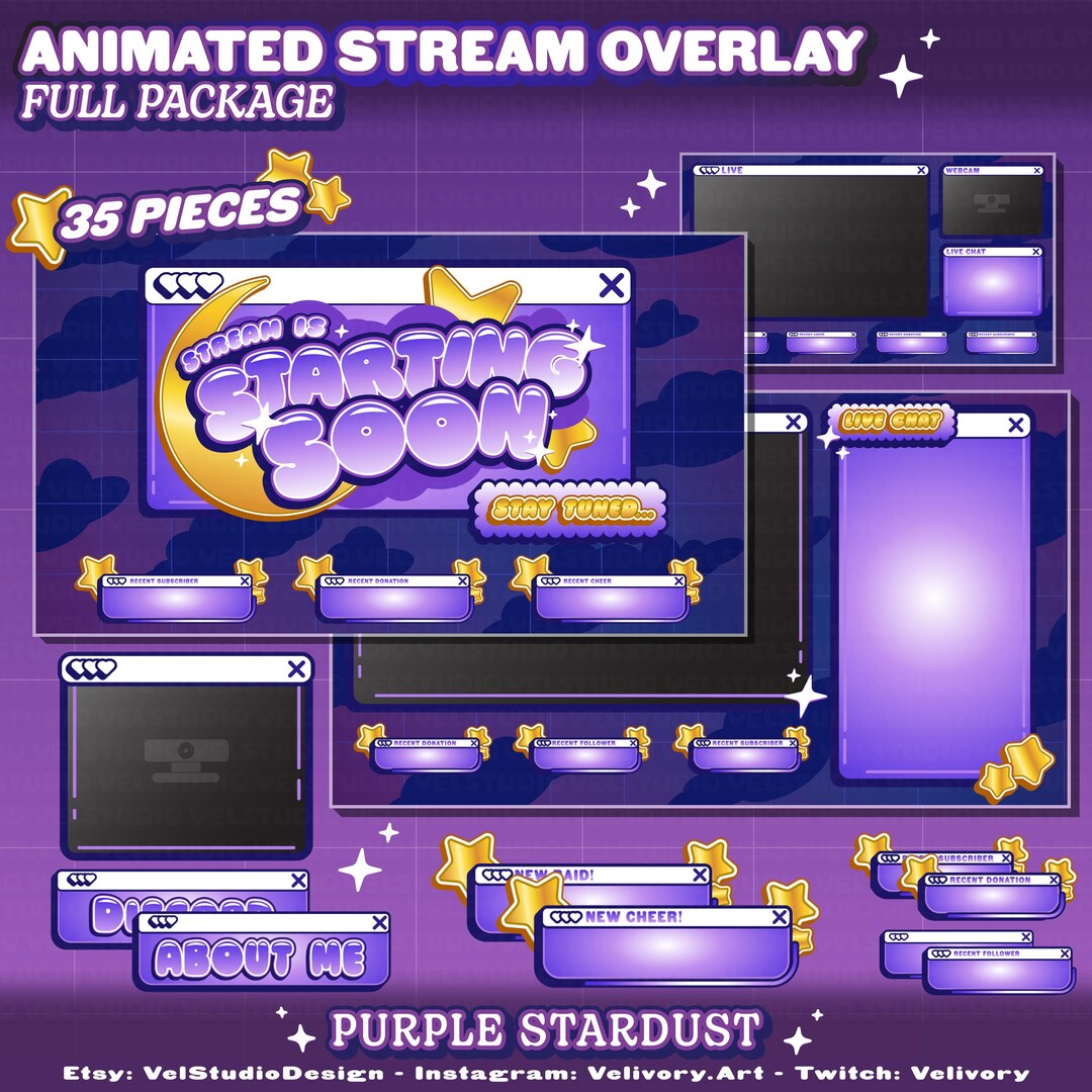 Animated Twitch Stream Overlay Package Purple Stardust - 35 Items ...