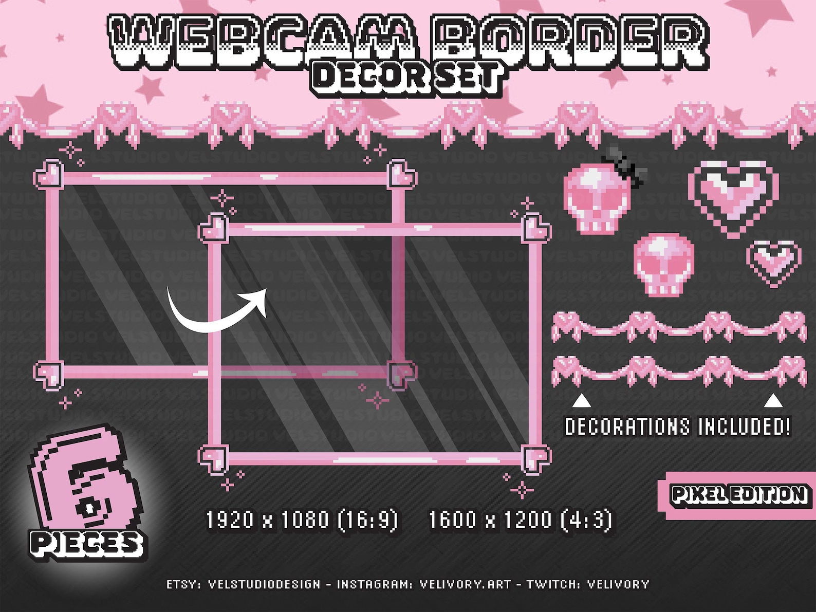 Pink Pixel Webcam Border Decoration Set for Stream - Cute, Kawaii ...