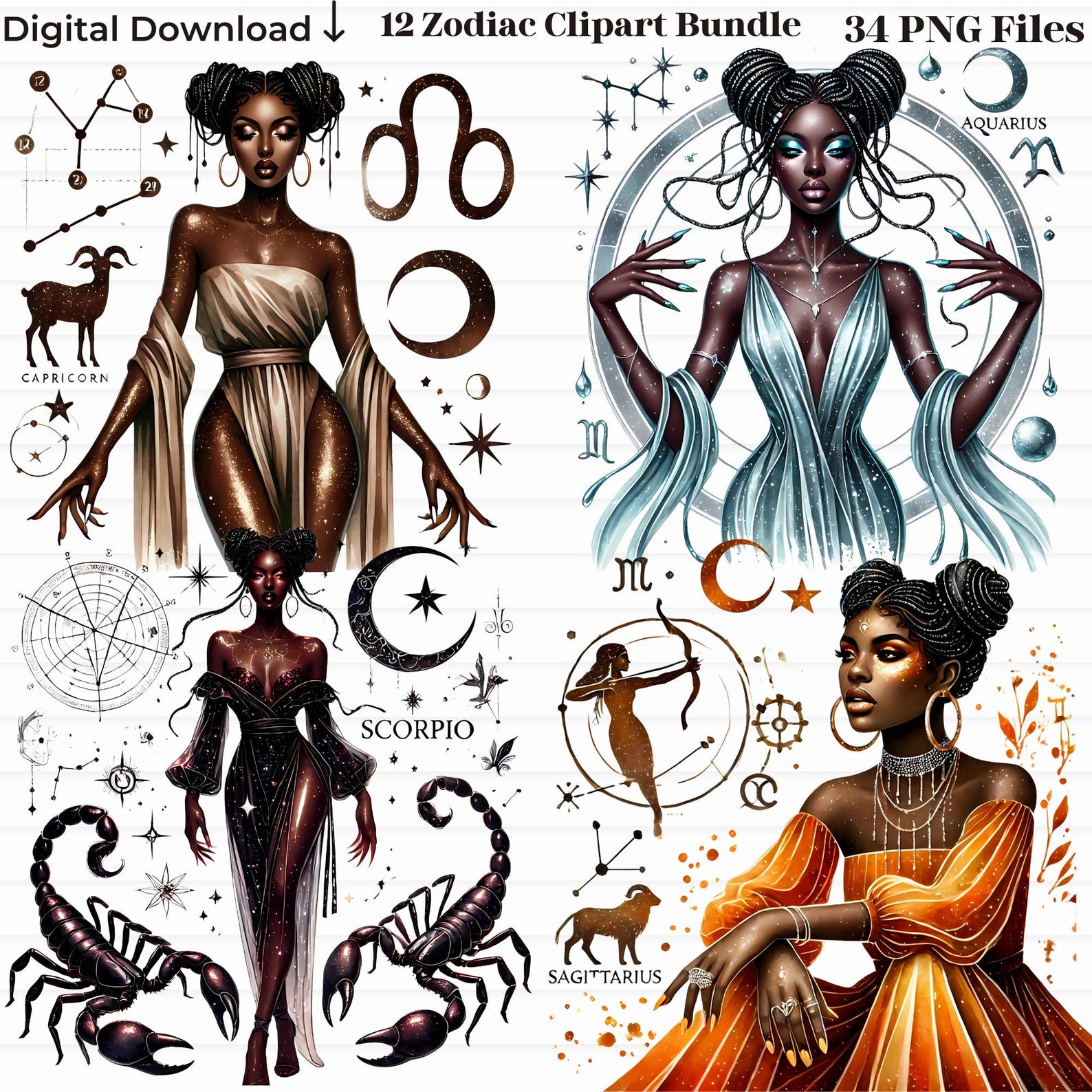 34 PNG Black Girl Zodiac Clipart | Afro Girl Horoscope Signs ...
