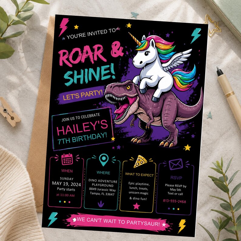 Unicorn Dino Party Invitation, Neon Jurassic Celebration Theme ...