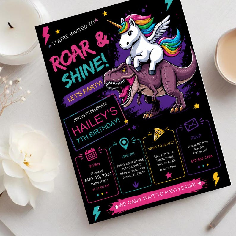 Unicorn Dino Party Invitation, Neon Jurassic Celebration Theme ...