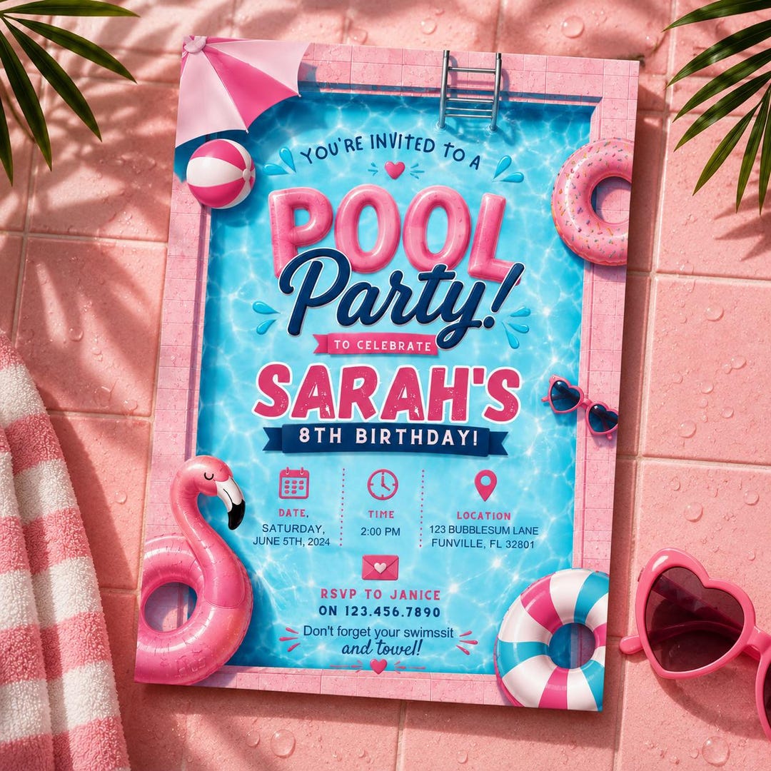 Pool Party Birthday Invitation, Pink Flamingo Swim Party Invite ...