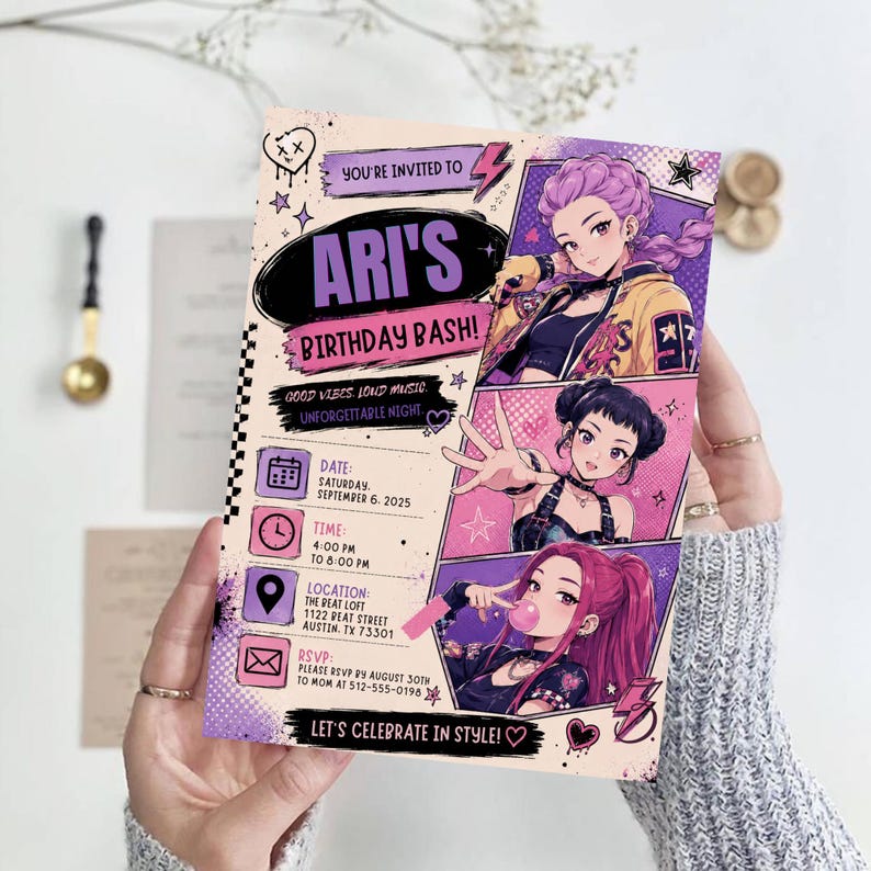 Kpop Demon Hunters Birthday Invitation, Teen Girl Party Invite, Purple ...