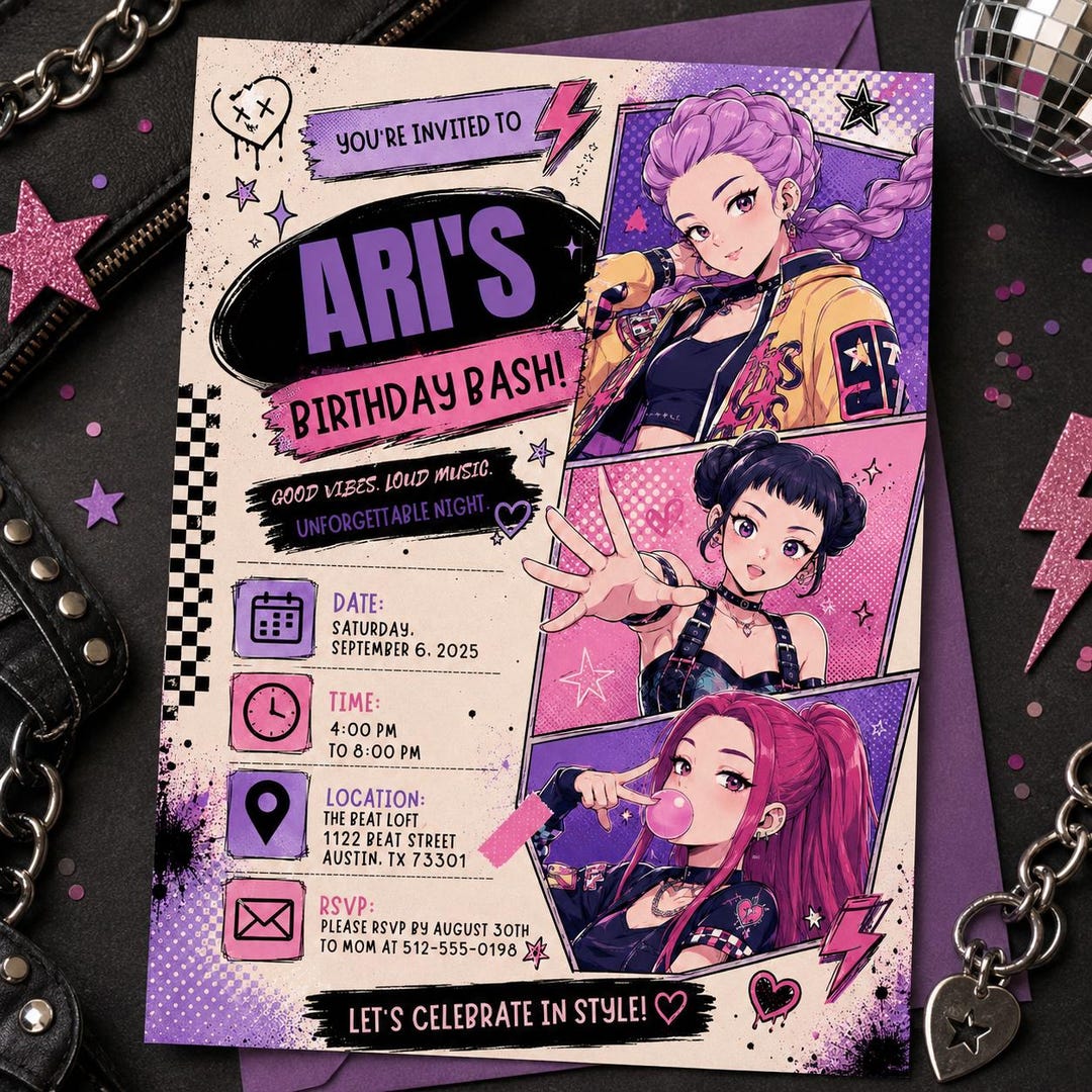 Kpop Demon Hunters Birthday Invitation, Teen Girl Party Invite, Purple ...