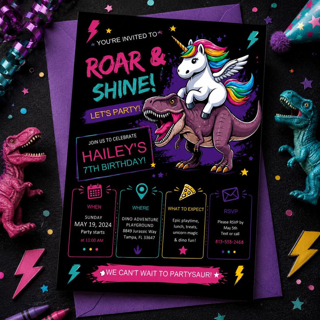 Unicorn Dino Party Invitation, Neon Jurassic Celebration Theme ...