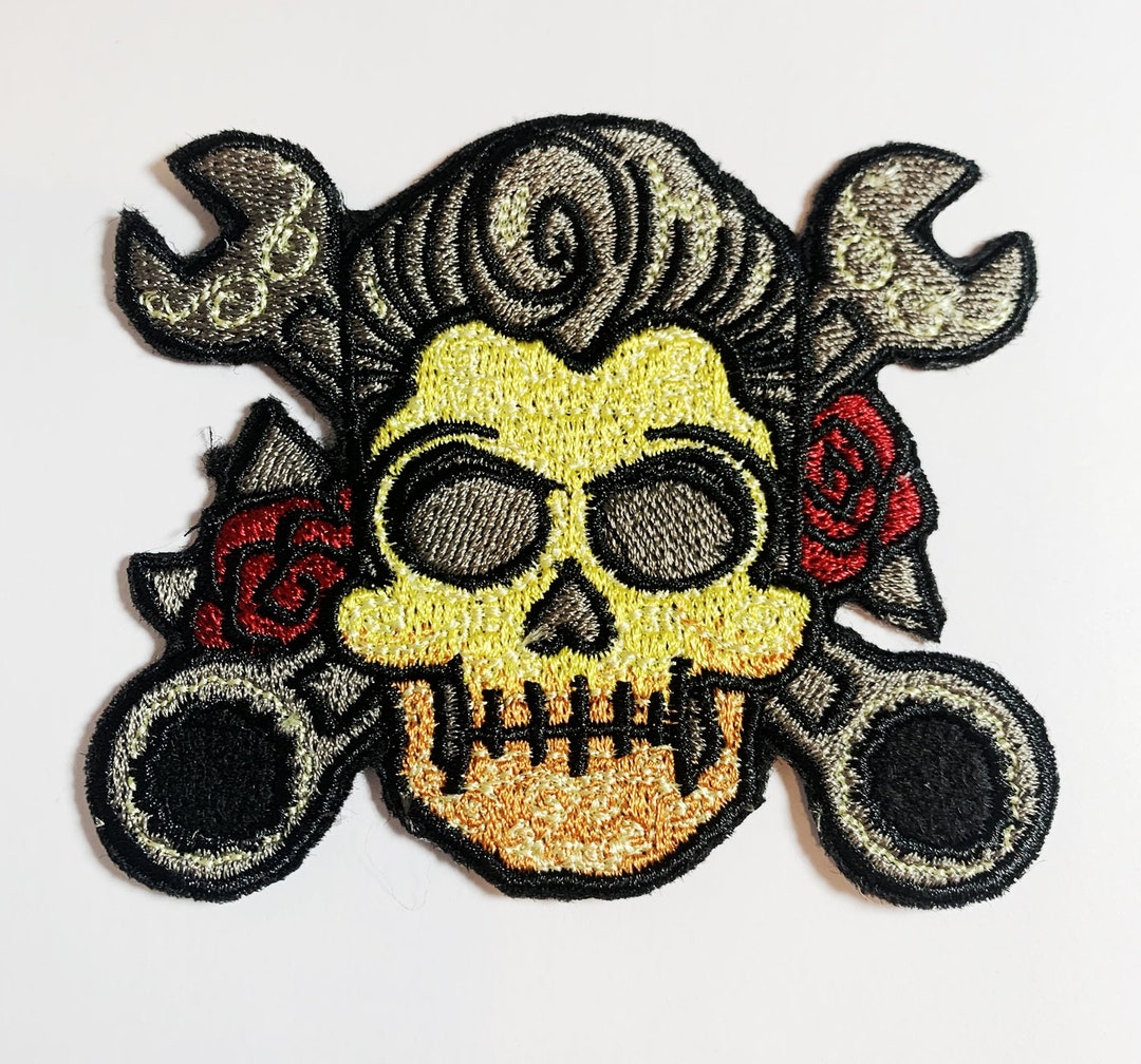 Wrenches and Roses Greaser Skull Machine Embroidered Iron on Applique ...