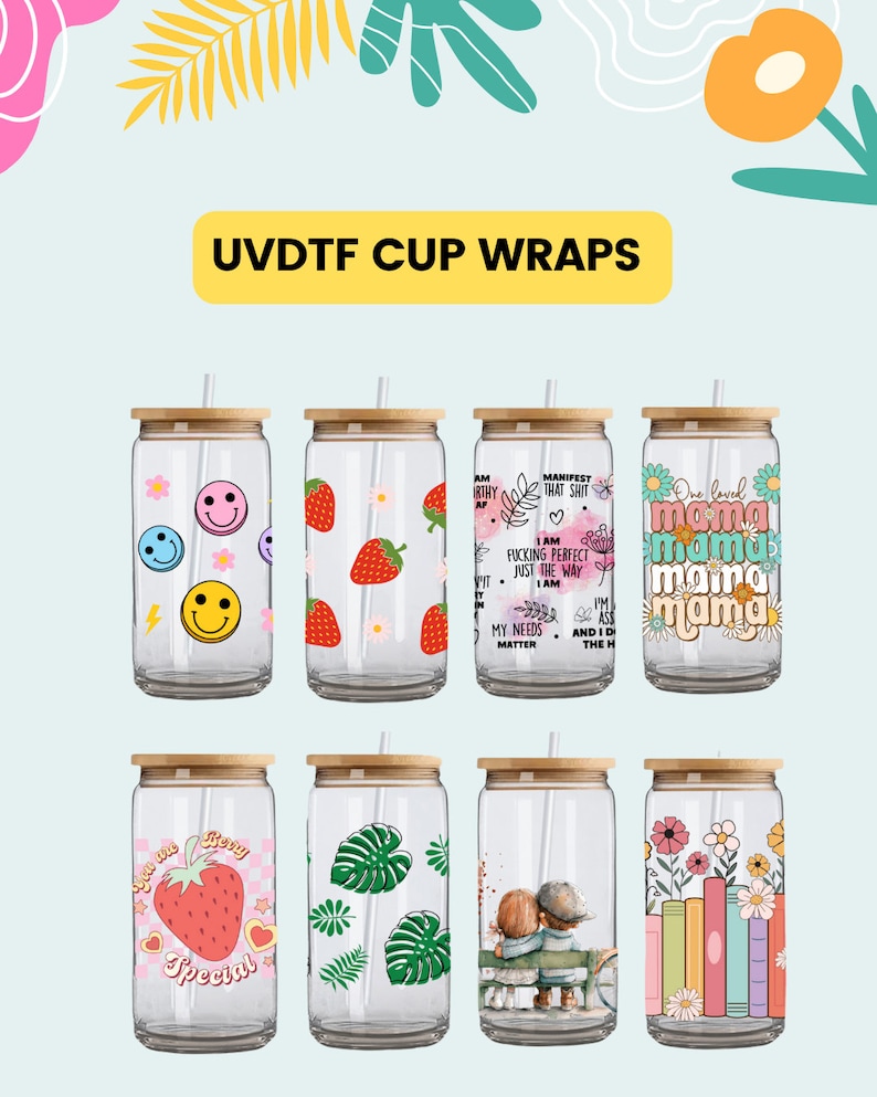 Customised UV DTF Cup Wraps for 12oz, 16oz, 20oz or 40oz Glass Cup ...