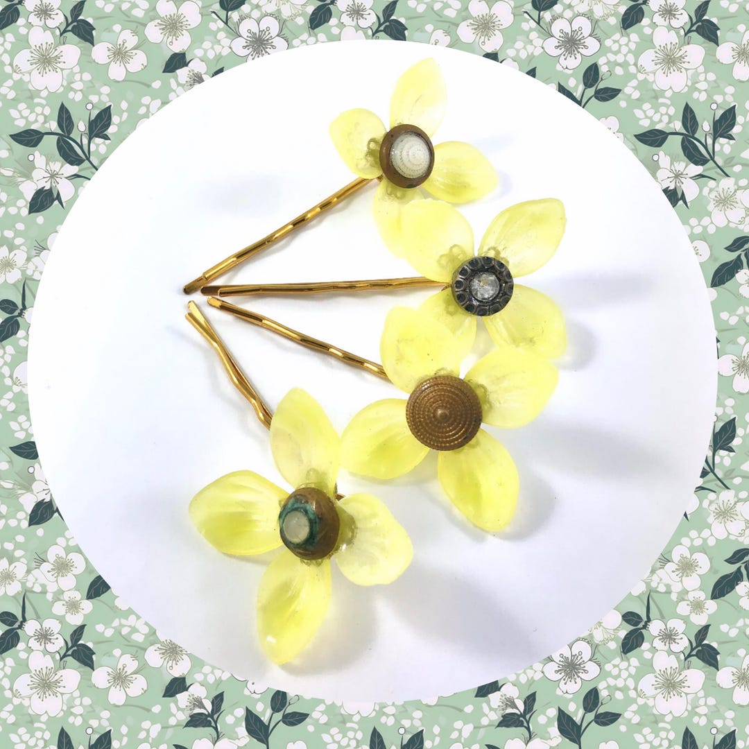 Vintage Yellow Aged Golden Jewel Flower Bobby Pin Quartet LAST ONE - Etsy