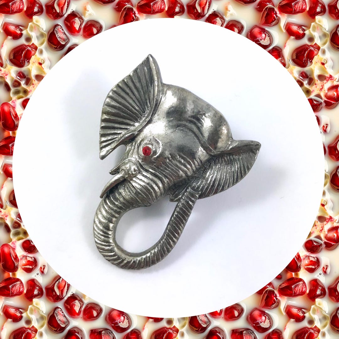 Vintage Aged Movable Trunk Red Crystal Eyed Elephant Silver Metal ...