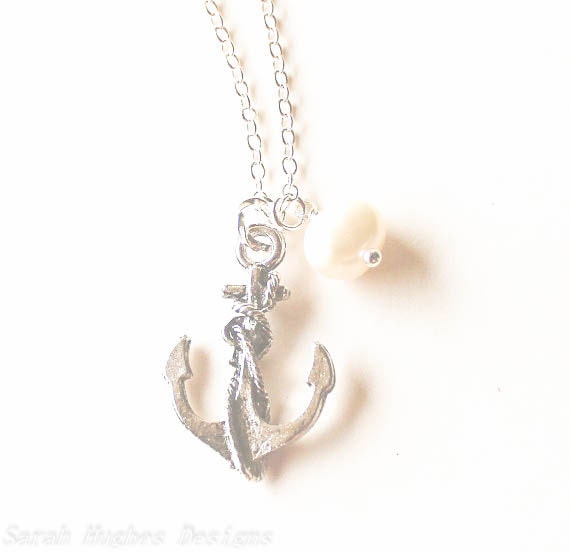 Anchor nautical charm and white pearl silver necklace LAST ONE | Etsy