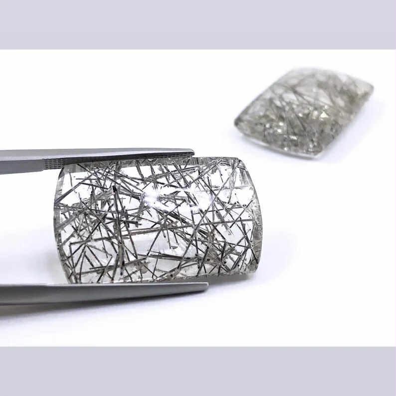 Tourmalated Rock Quartz Rounded Rectangle Cut Matched Cabochon Pair 38. ...