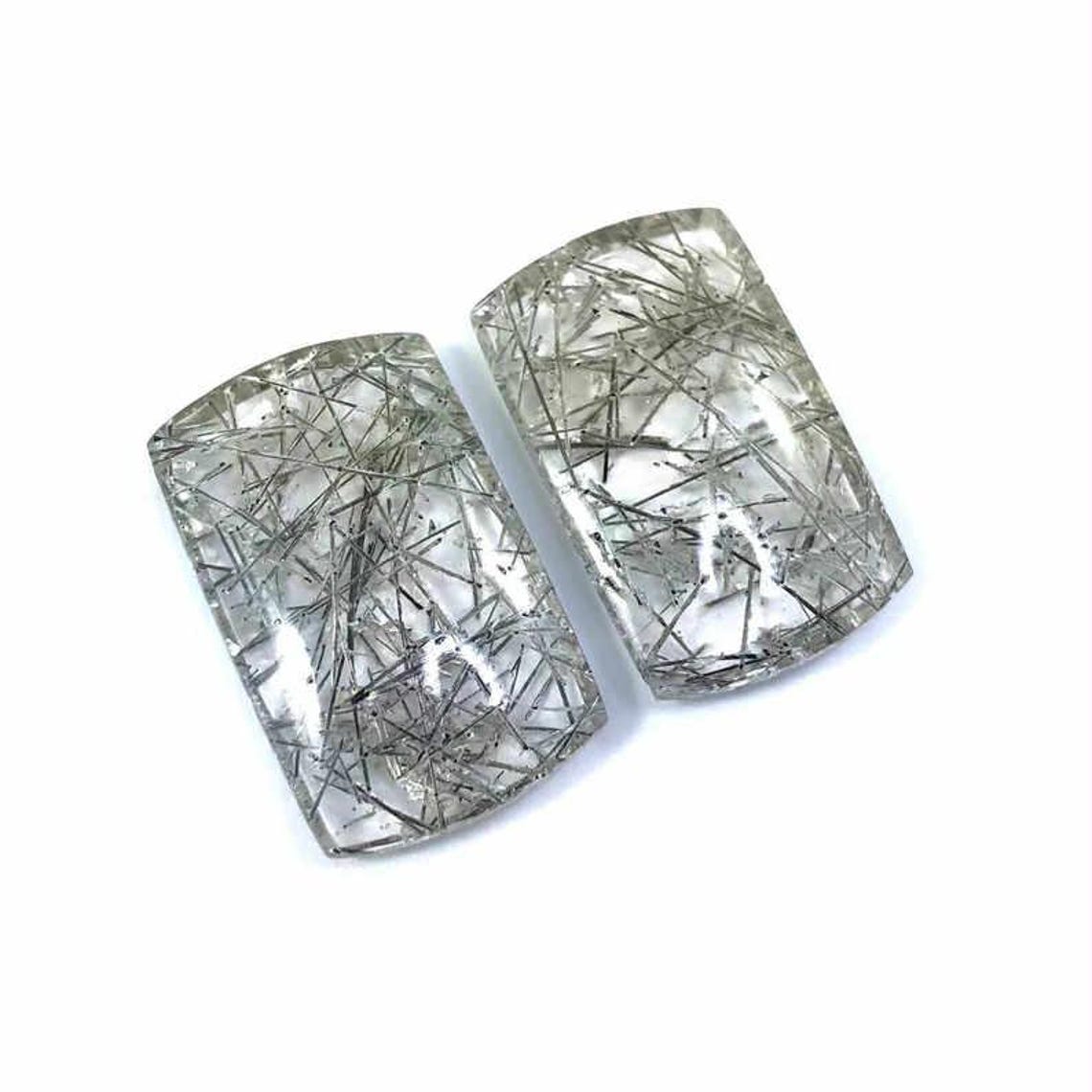 Tourmalated Rock Quartz Rounded Rectangle Cut Matched Cabochon Pair 38. ...