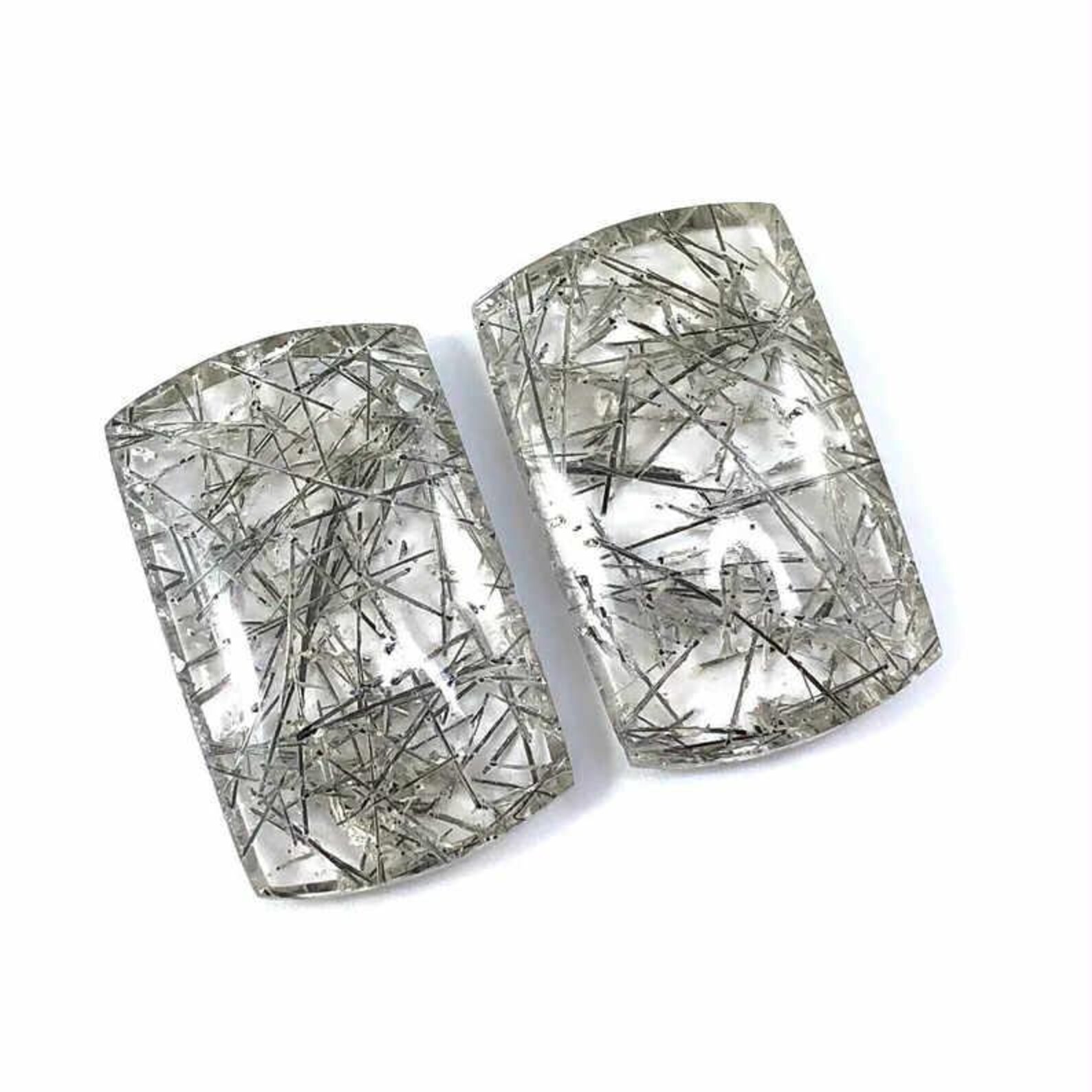 Tourmalated Rock Quartz Rounded Rectangle Cut Matched Cabochon Pair 38. ...