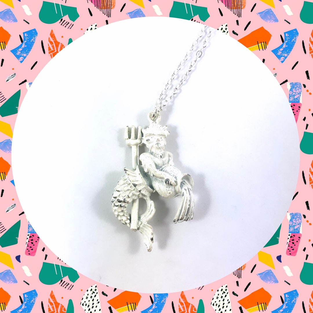 Aged White Merman Mermaid Poseidon Pitchfork Silver Plated Pendant ...