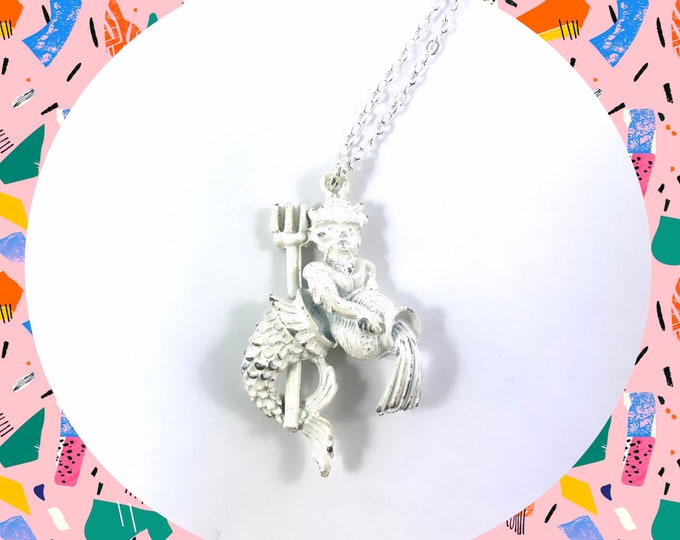Aged White Merman Mermaid Poseidon Pitchfork Silver Plated Pendant ...