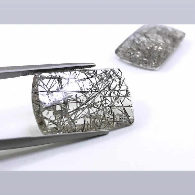 Tourmalated Rock Quartz Rounded Rectangle Cut Matched Cabochon Pair 38. ...