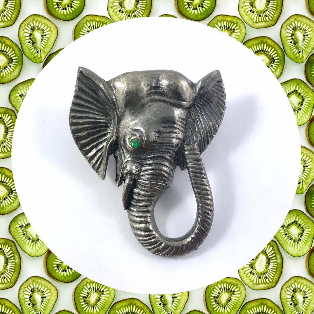 Vintage Aged Movable Trunk Green Crystal Eyed Elephant Silver Metal ...