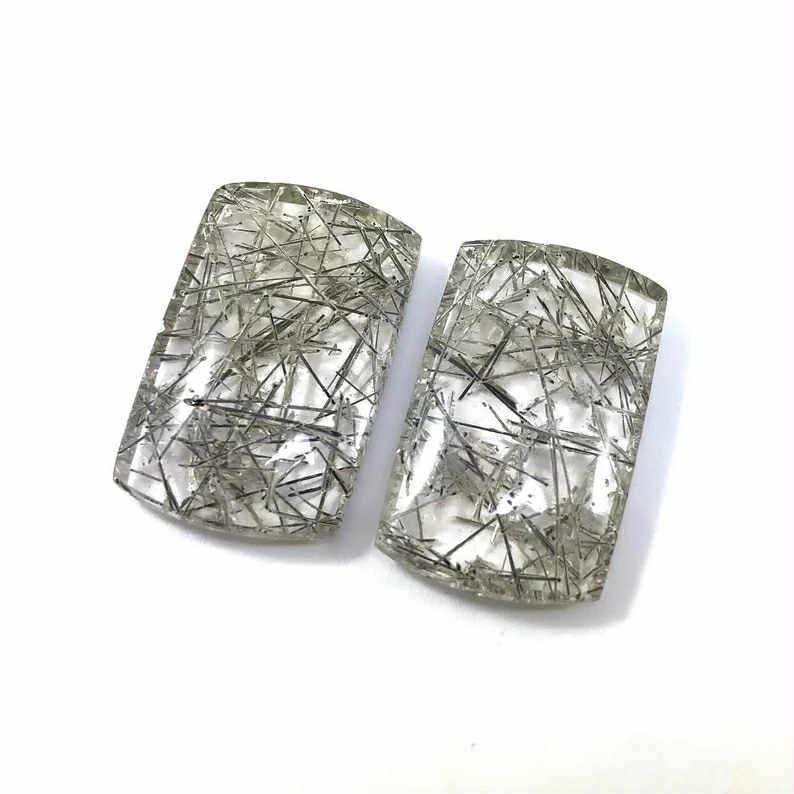 Tourmalated Rock Quartz Rounded Rectangle Cut Matched Cabochon Pair 38. ...