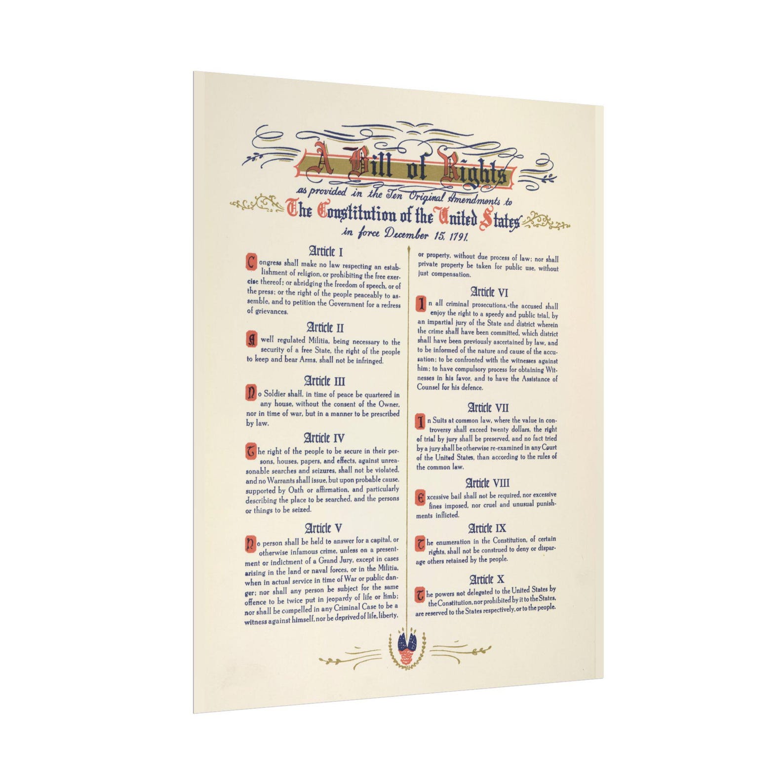 US Bill of Rights Poster USA Historical Document 5"x7" - 28"x40" 1776 ...