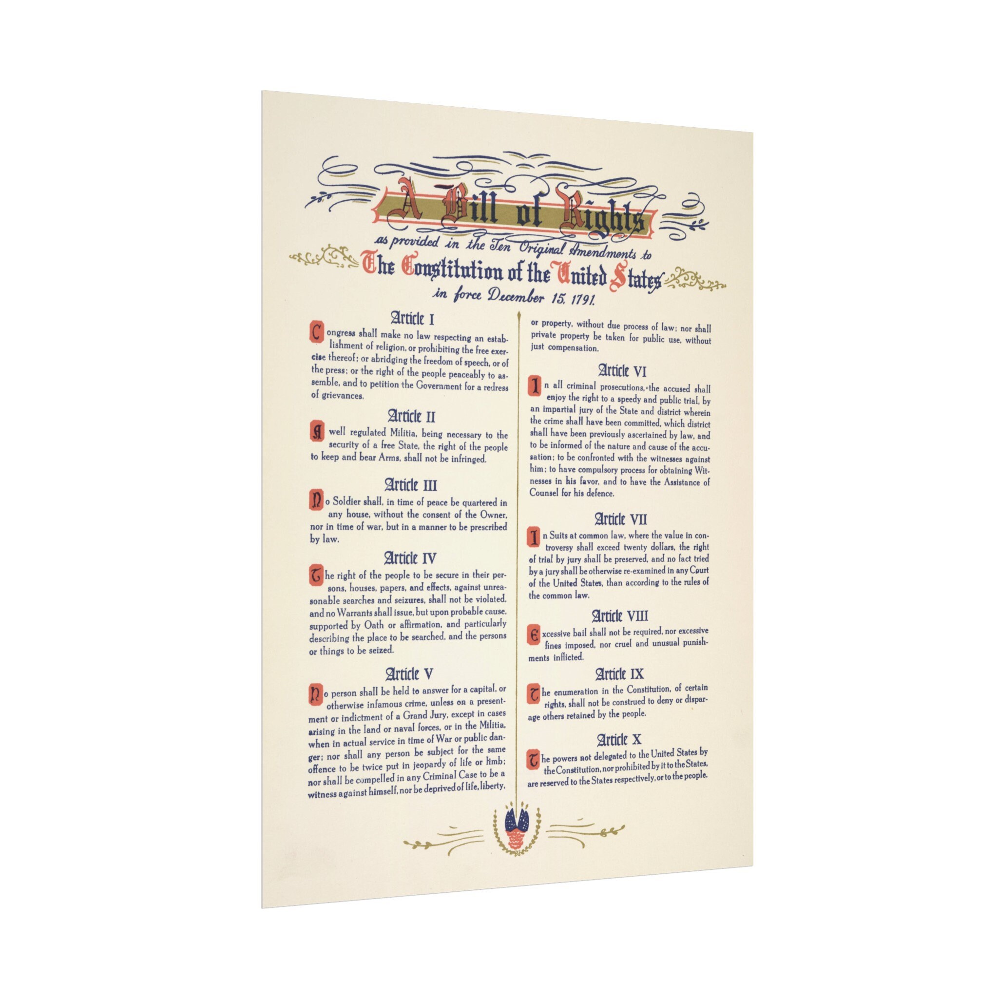 US Bill of Rights Poster USA Historical Document 5x7 6x8 1776 Americana ...