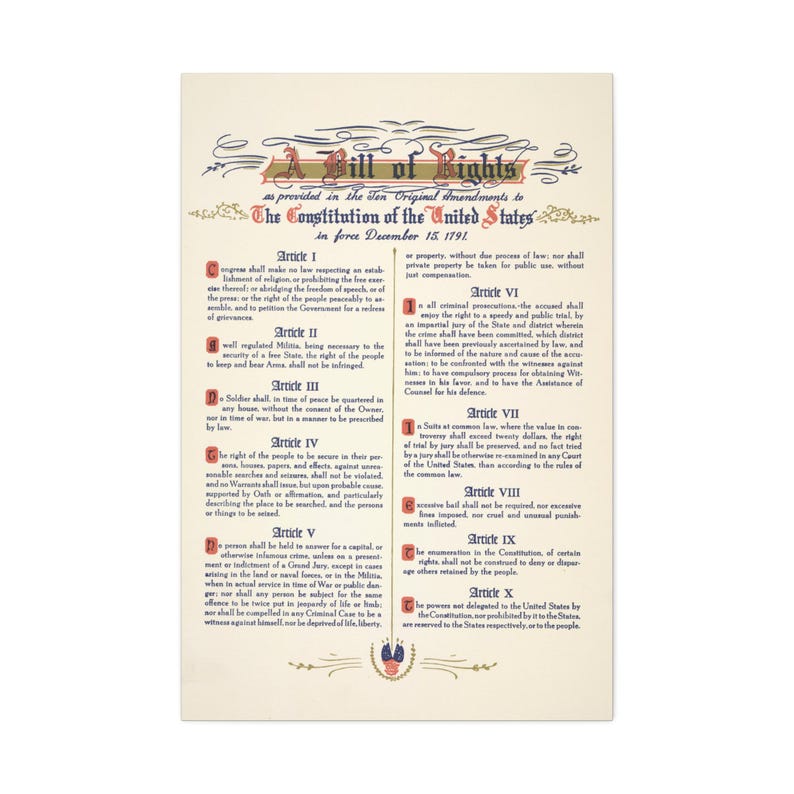 US Bill of Rights Canvas Stretched, 1.5'' USA Historical Document 20 ...