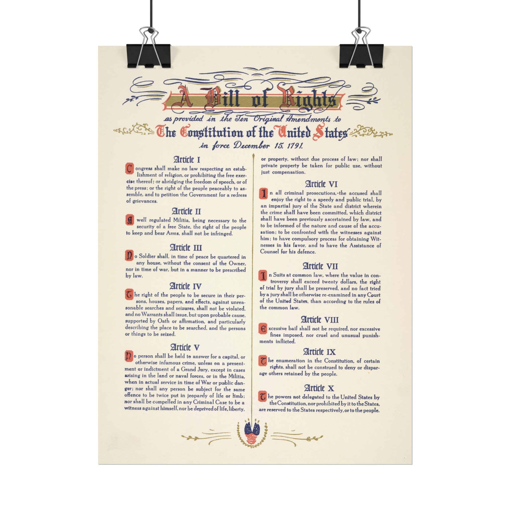 US Bill of Rights Poster USA Historical Document 5x7 6x8 1776 Americana ...