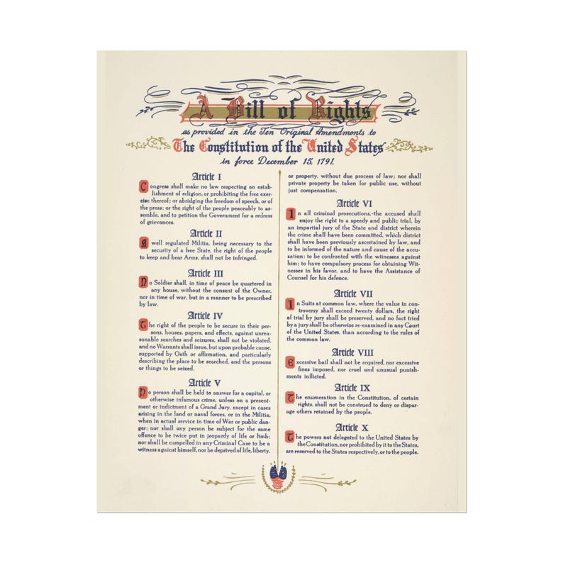 US Bill of Rights Poster USA Historical Document 5"x7" - 28"x40" 1776 ...
