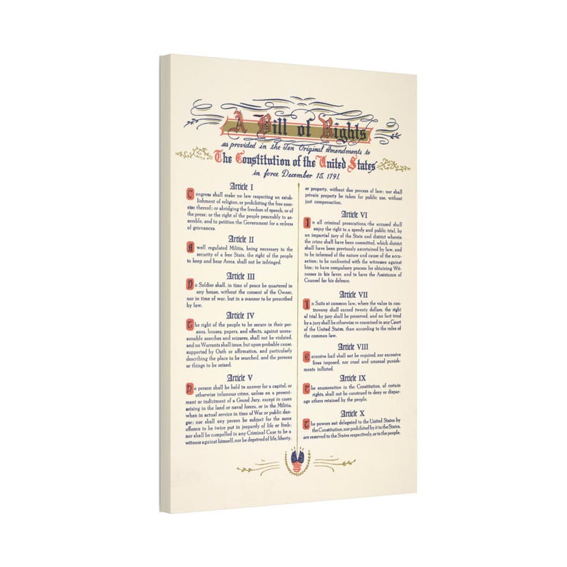 US Bill of Rights Canvas Stretched, 1.5'' USA Historical Document 20"x30" - 24"x36" Americana ...