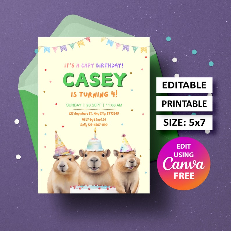 Capybara Birthday Invitation, Animals Kid's Birthday, Capy Birthday ...
