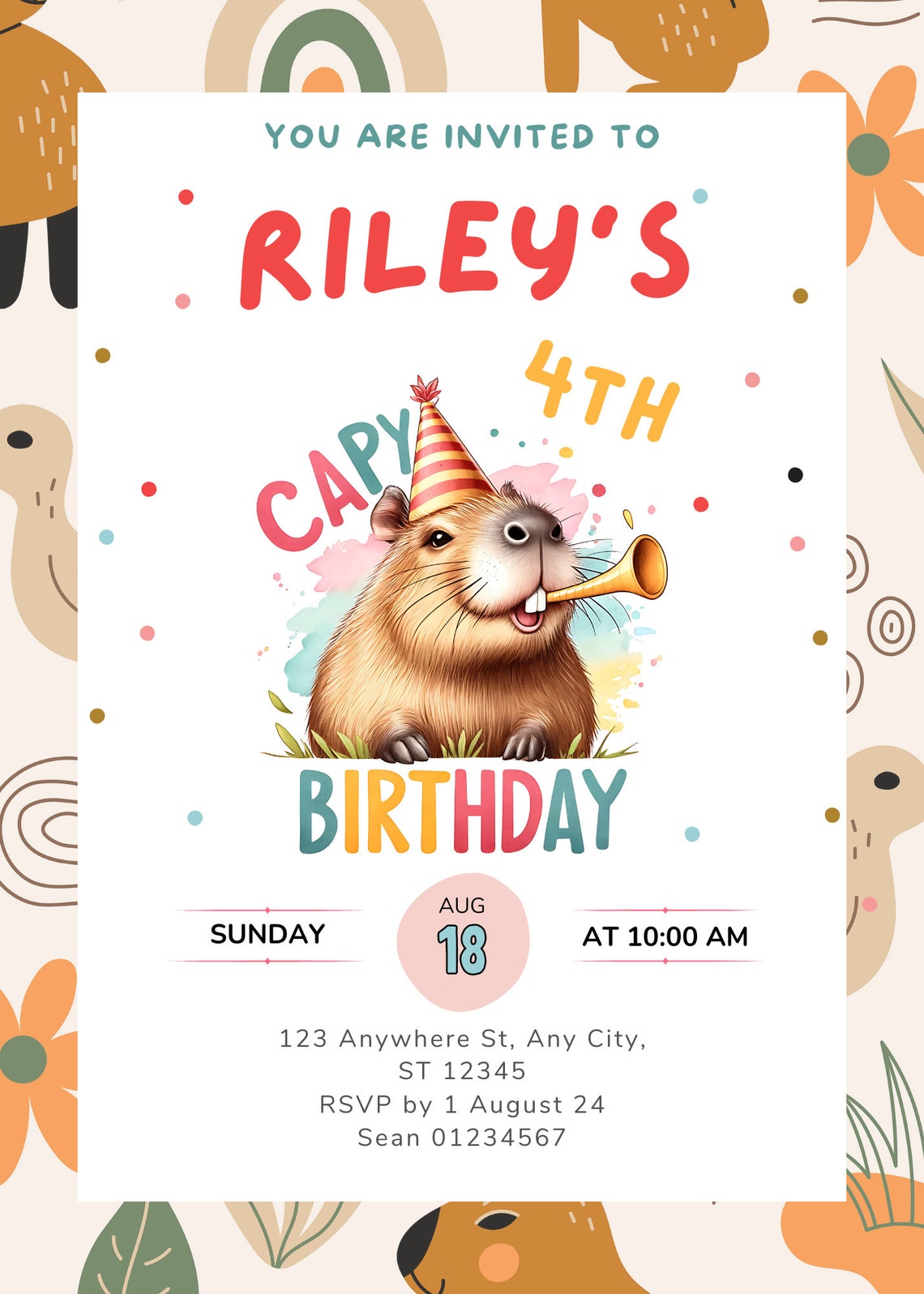 Capybara Birthday Invitation, Animals Kid's Birthday, Capy Birthday ...