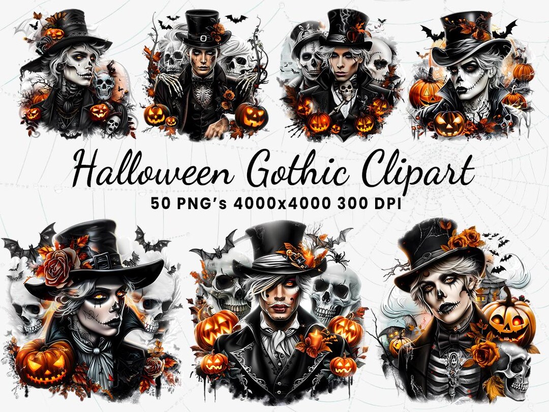 Halloween Gothic Clipart 50 PNG Sublimation Bundle, Vintage Spooky ...