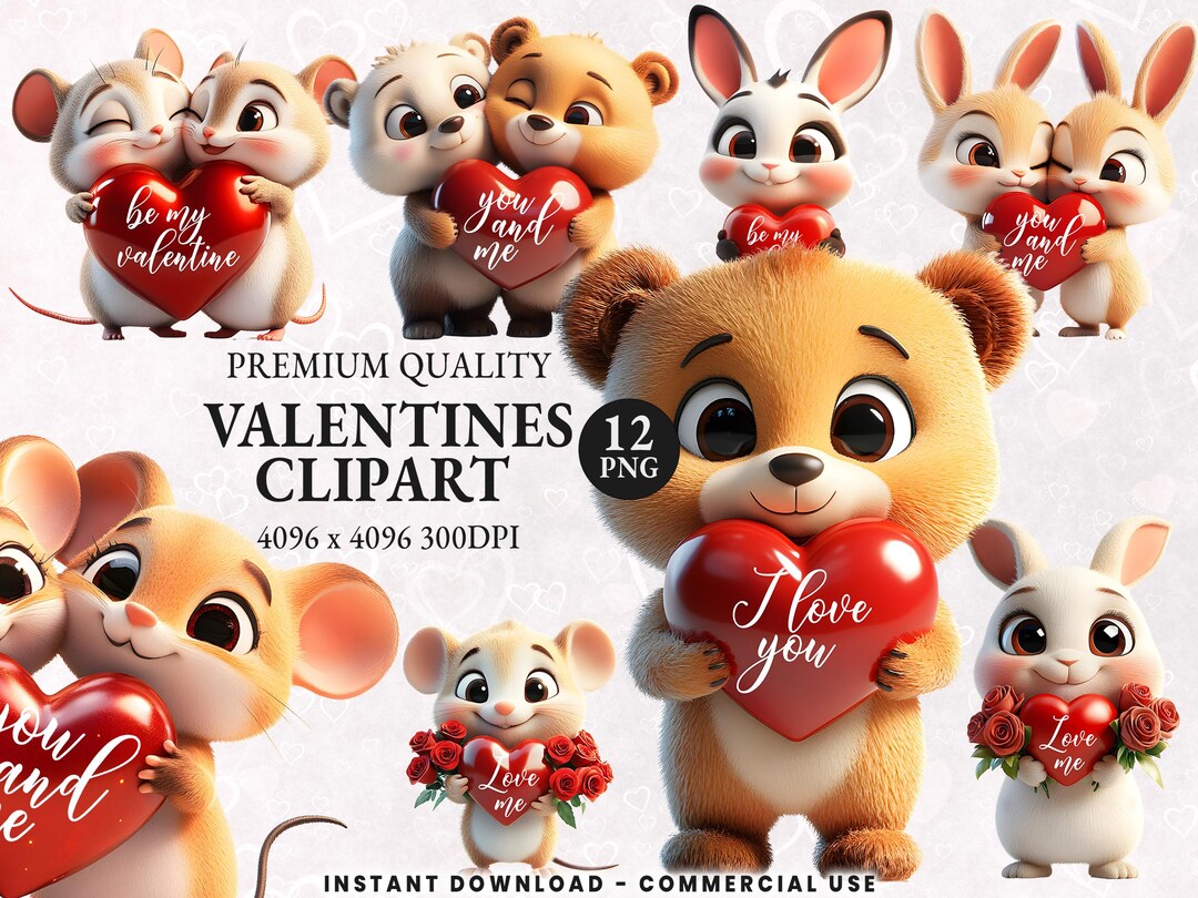 Valentine Day Animal Clipart Bundle Adorable Valentine Clipart PNG Set ...